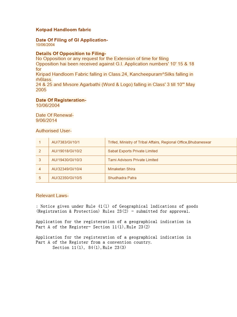 Kotpad Handloom GI Registration | PDF | Law