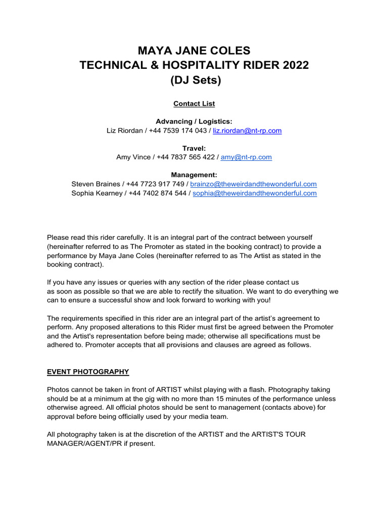 Maya Jane Coles - Tech - Hospitality Rider 2022 | PDF | Hotel