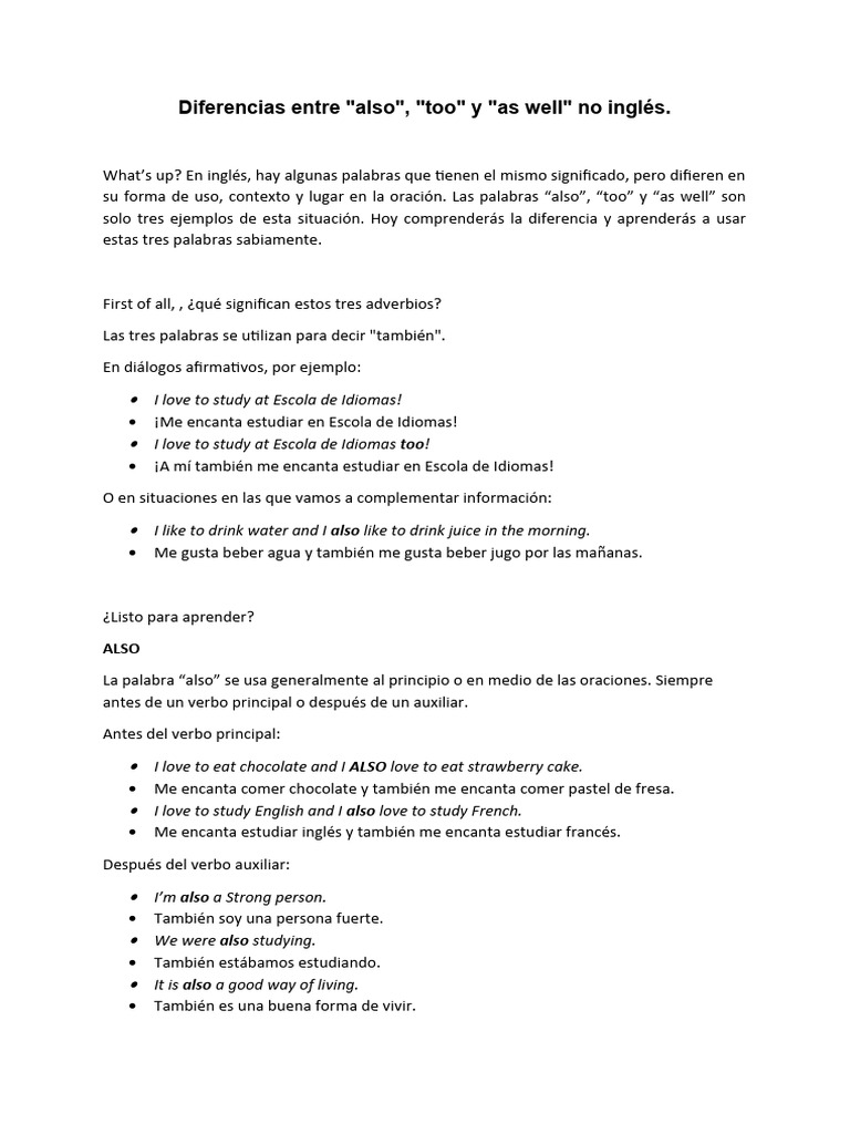 Diferencias Entre Also, Too, As Well | Descargar gratis PDF | Lingüística