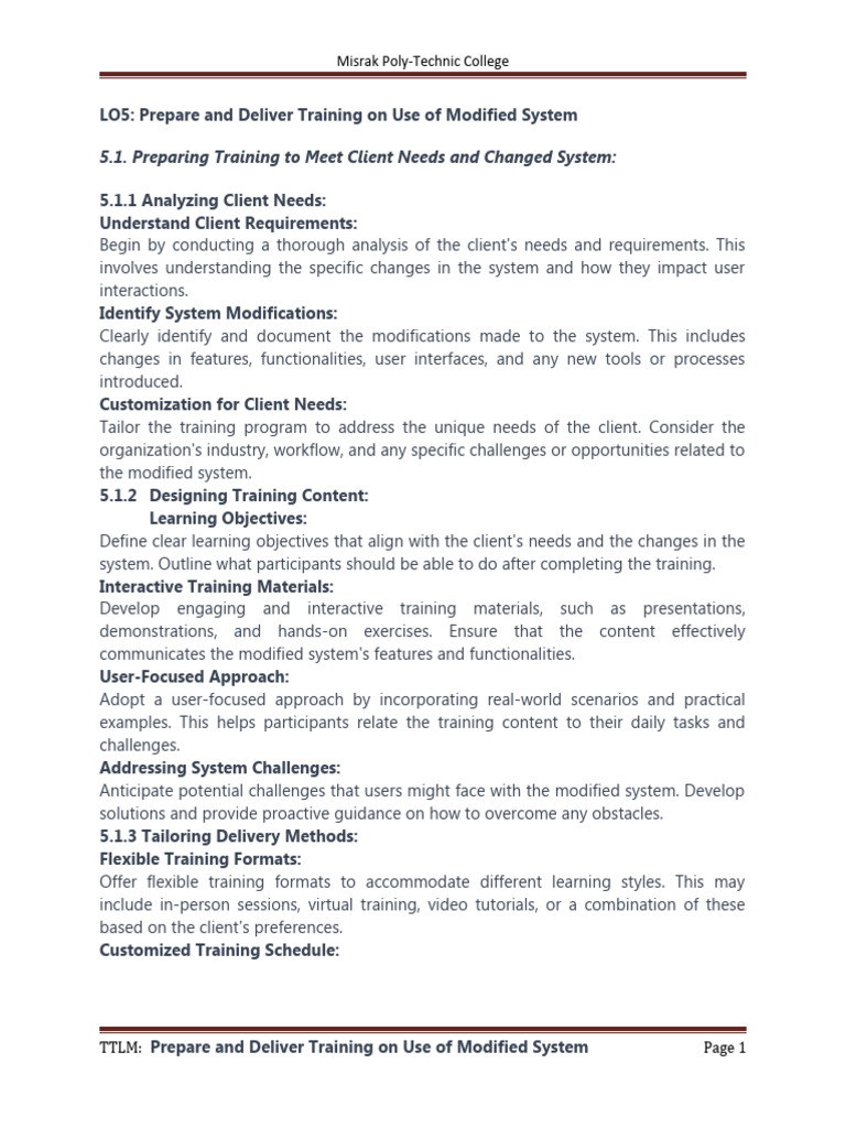 LO5 Prepare and Deliver Training On Use of Modified System | PDF ...