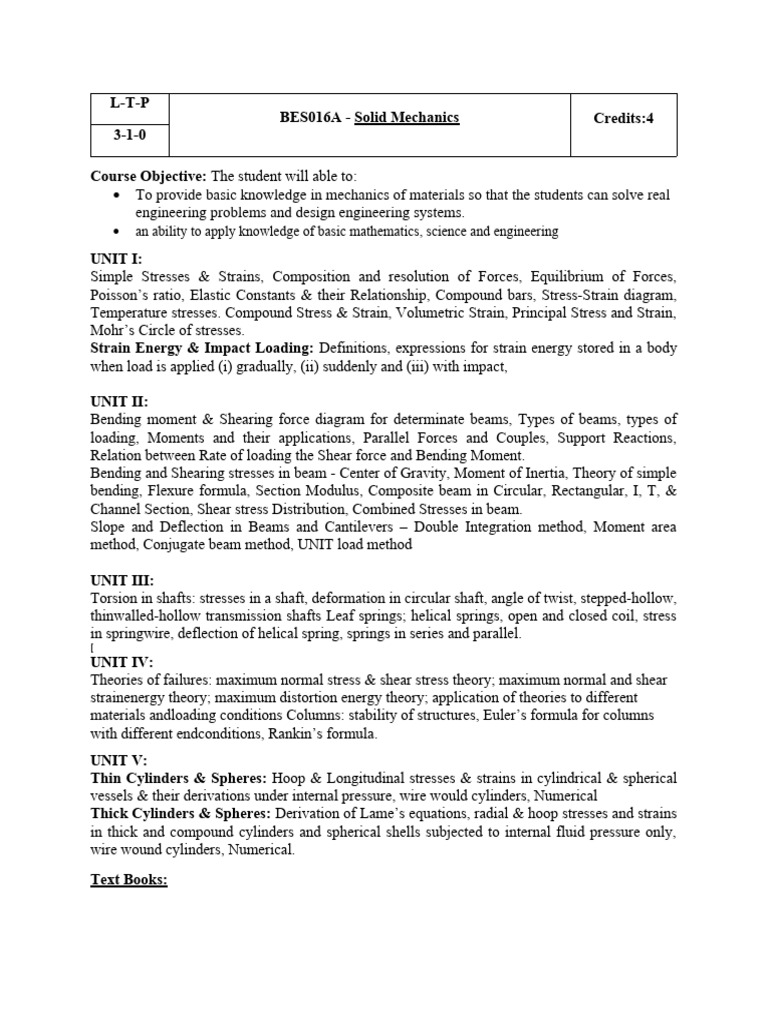 Solid Mechanics Syllabus | PDF | Bending | Stress (Mechanics)