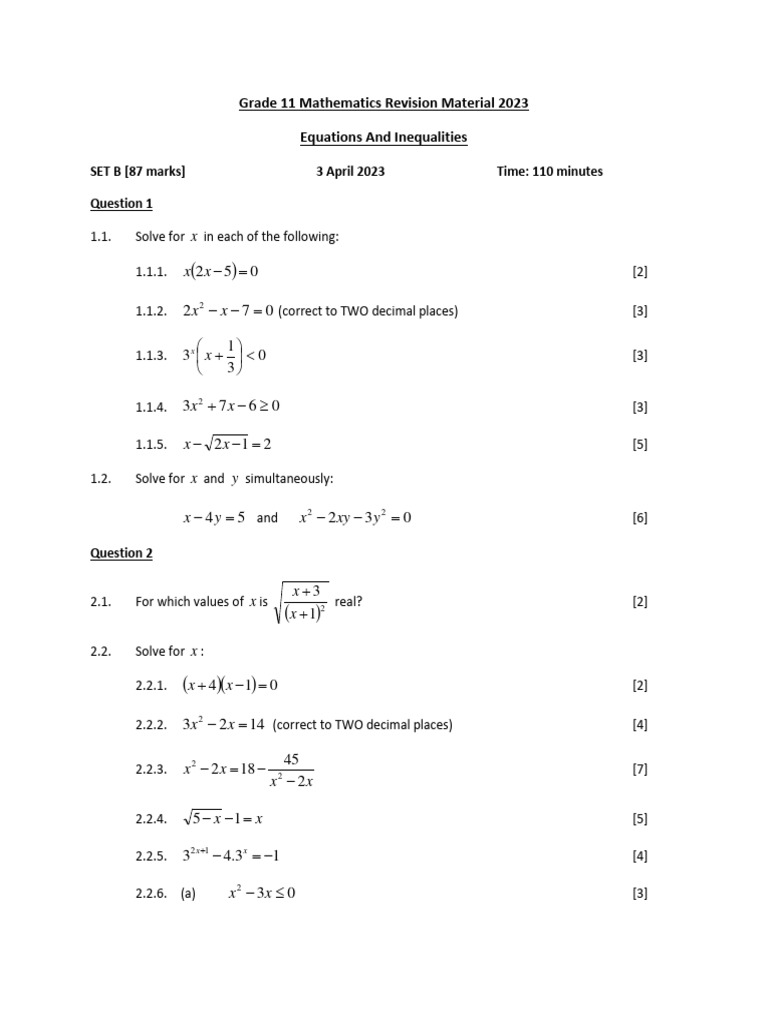 Grade 11 Mathematics Equations & Inequalities | PDF | Rectangle ...