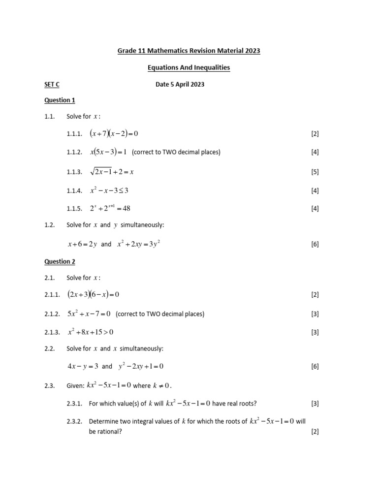 Grade 11 Math Revision: Equations & Roots | PDF | Quadratic Equation ...
