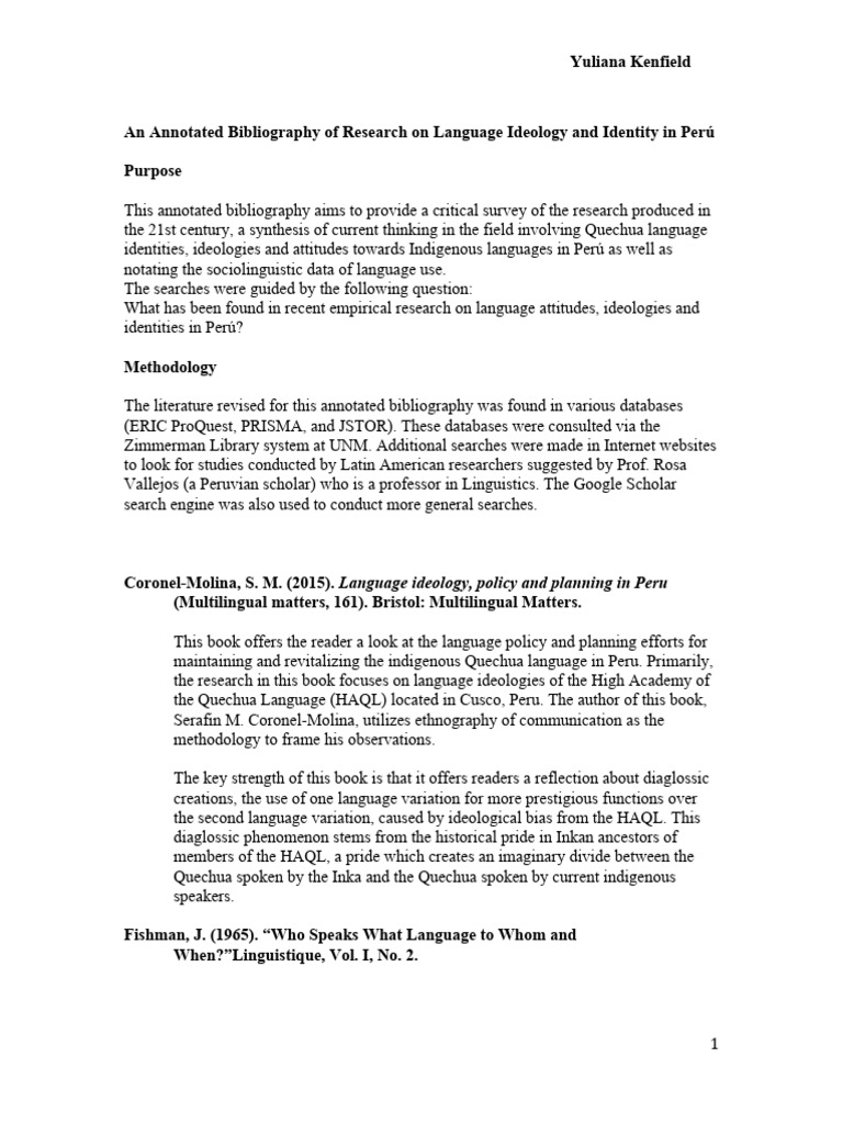 Example Kenfield Annotated Bibliography | PDF | Peru | Qualitative Research