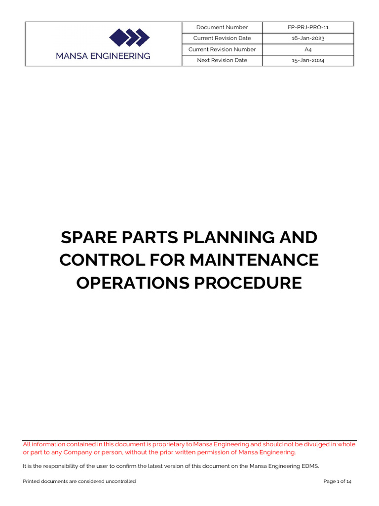 FP-PRJ-PRO-11 Spare Parts Planning & Control For Maintenance Operations ...