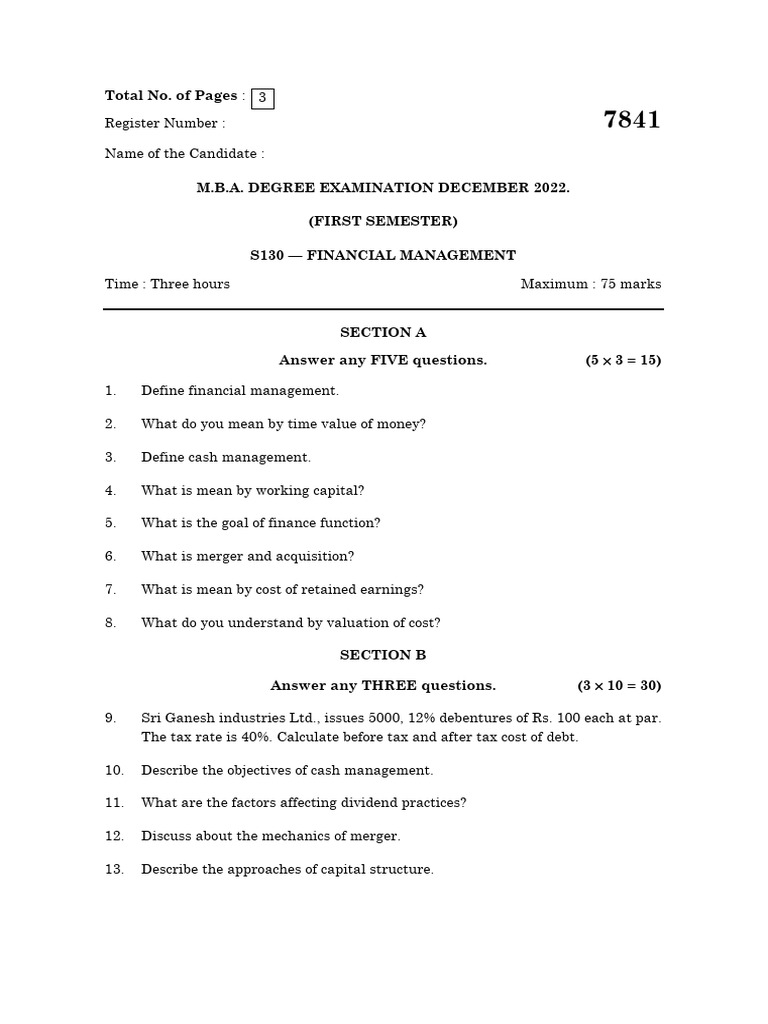 Annamalai Mba Previous Question | PDF | Cost Of Capital | Trade