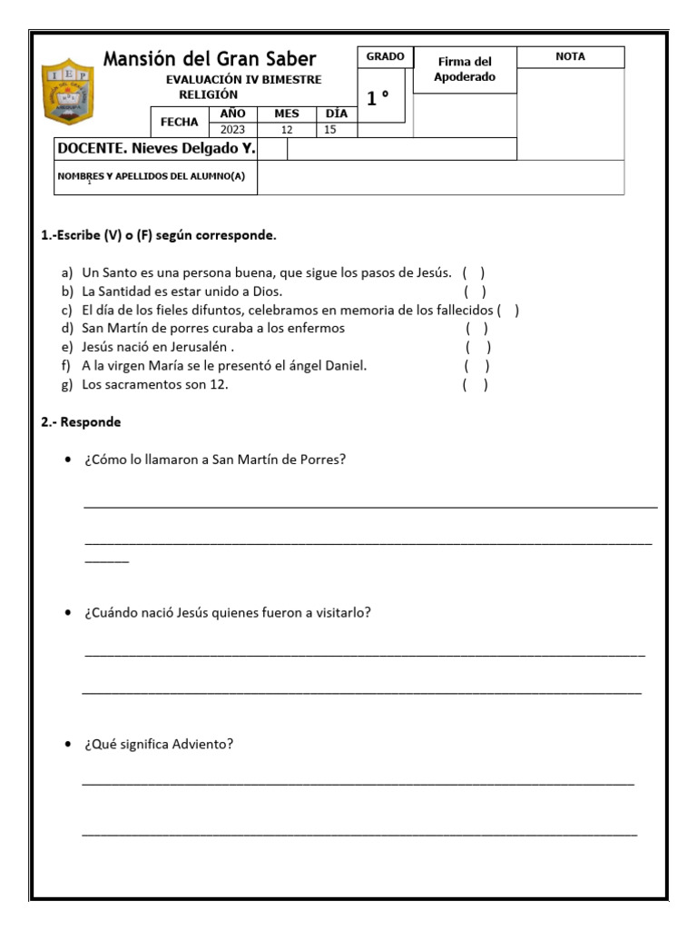 Evaluación de Religión Cuarto Bimestre | PDF