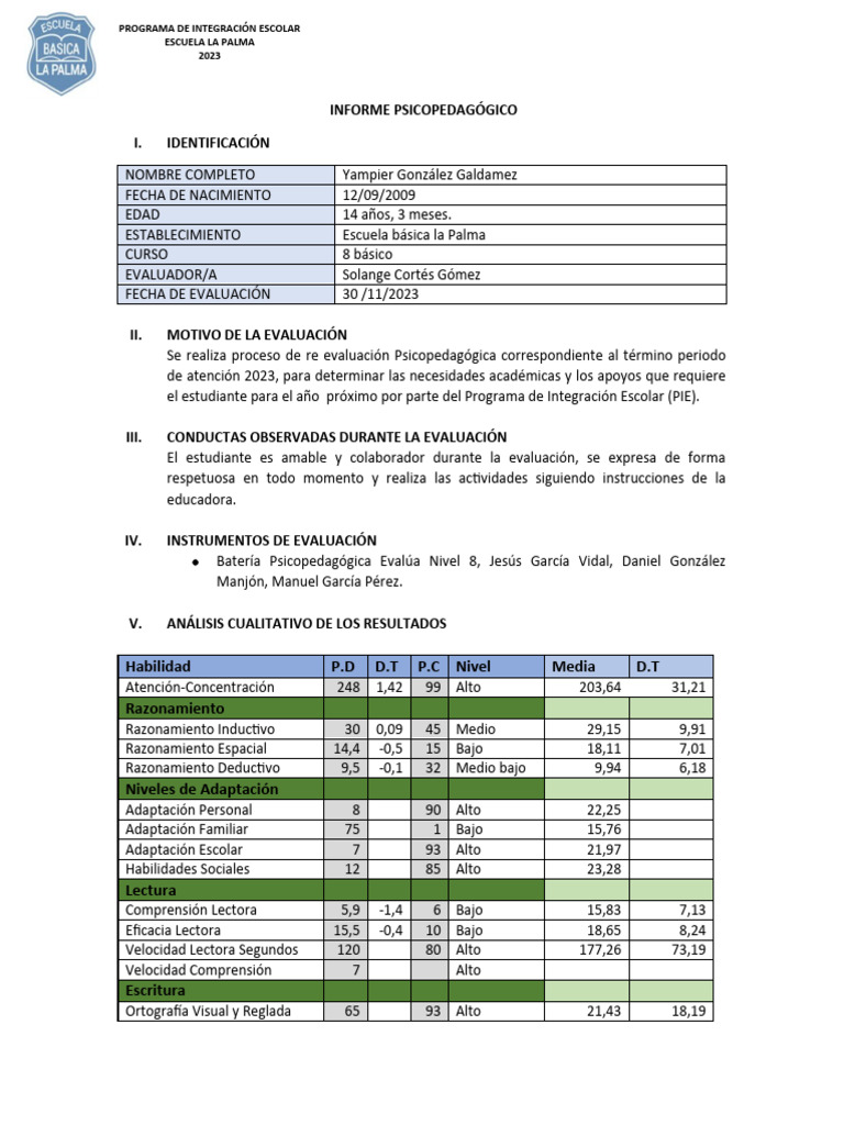 Informe Psicopedagógico YAMPIER GONZALEZ | PDF | Cognición | Ciencia cognitiva
