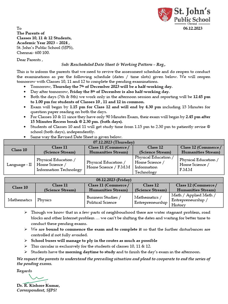 Rescheduled Exam Dates for Classes 10-12 | PDF | Science