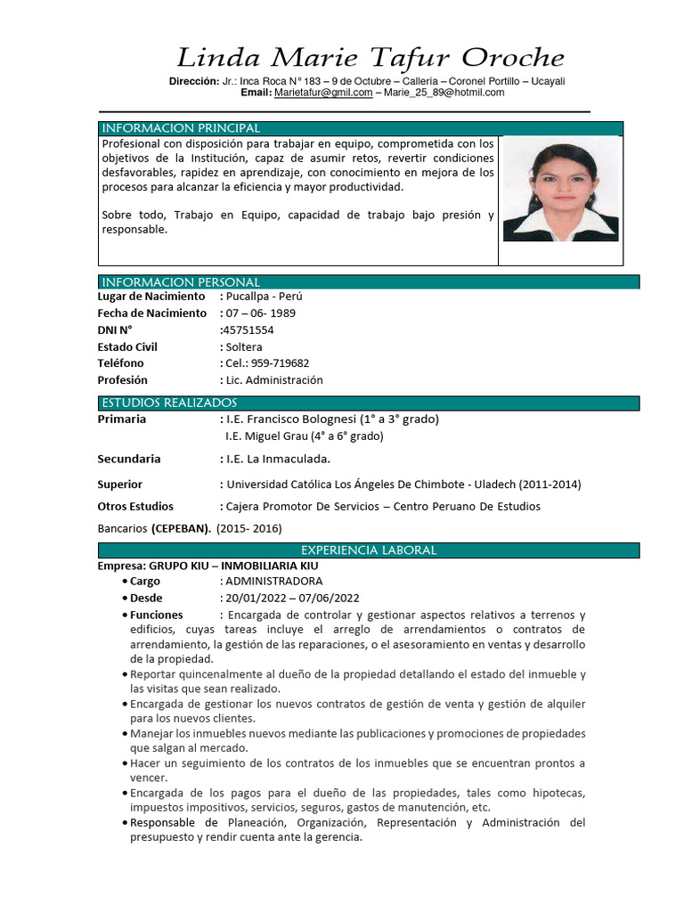 LINDA TAFUR CV | PDF | Business | Cuestionario