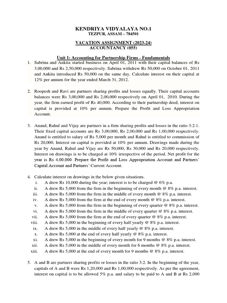 Summer Vacation Assignment - Accountancy | PDF | Interest | Partnership