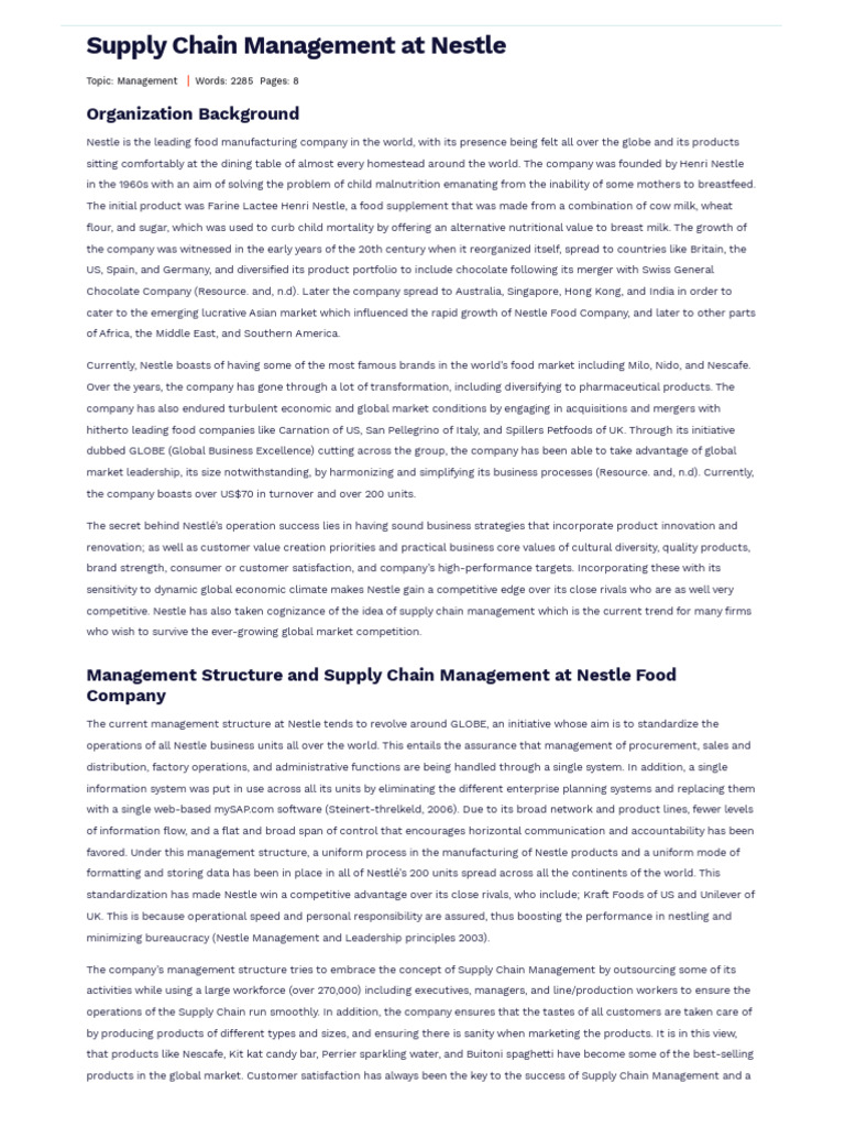 Supply Chain Management at Nestle - Free Essay Example | PDF | Supply ...