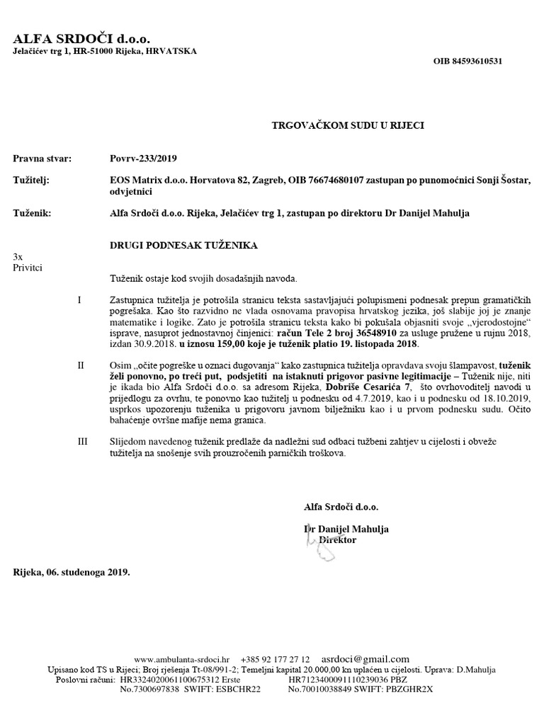 Drugi Podnesak Trgovačkon Sudu | PDF