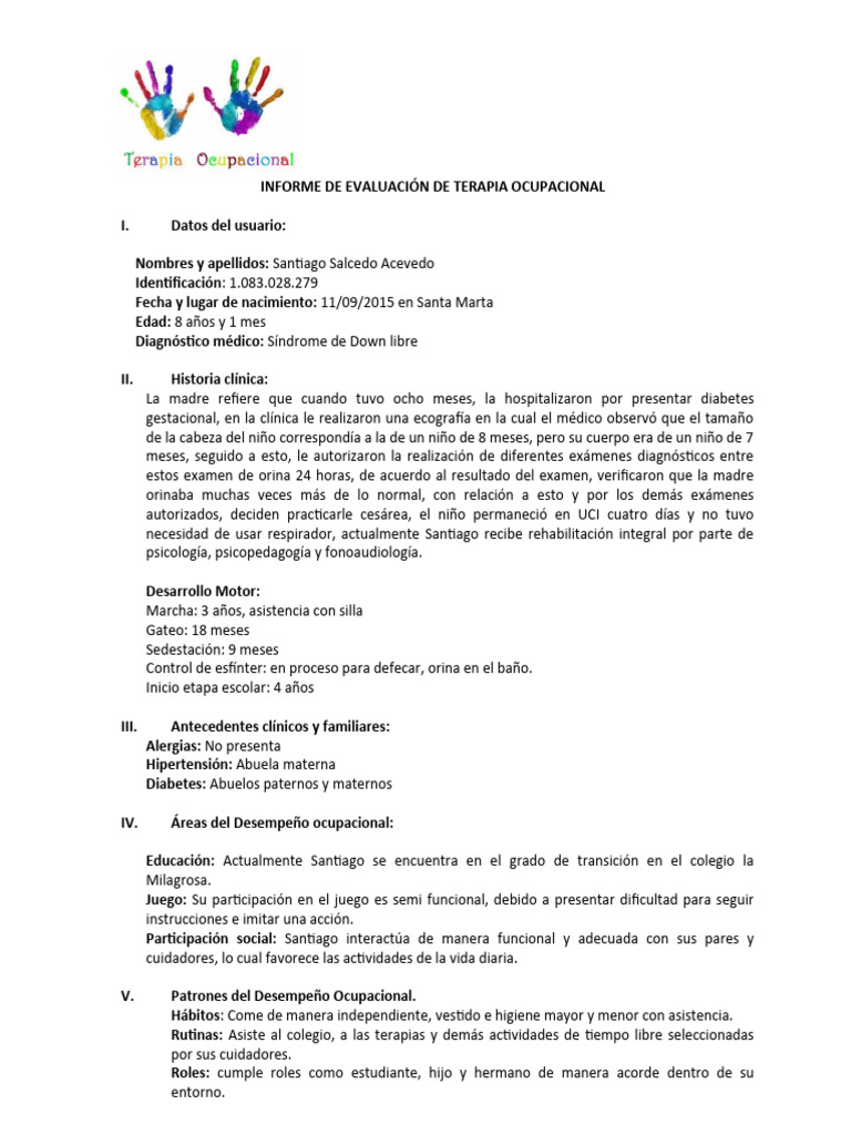 Informe de Terapia Ocupacional Santiago Salcedo Acevedo | PDF ...