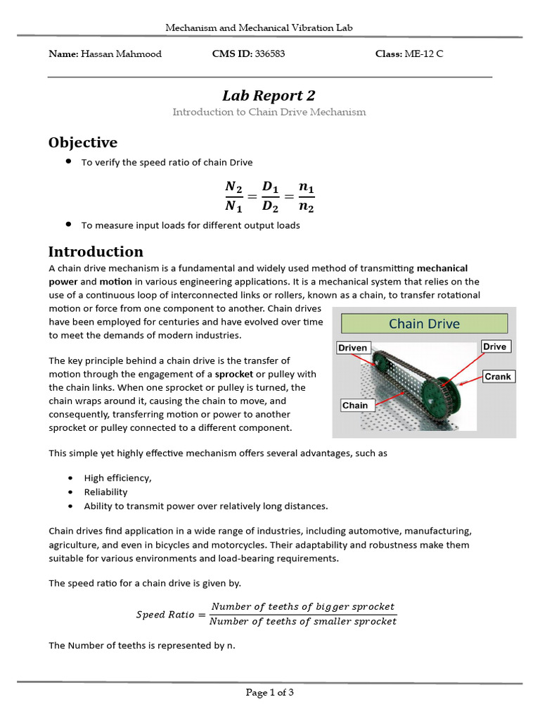Chain Drive Mechanism Lab Report | PDF | Gear | Machines