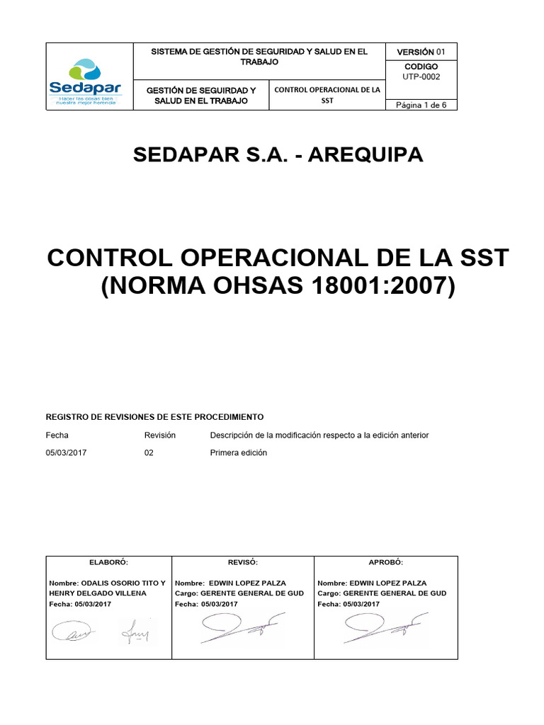 Control de Operacion de SST Sedapal | PDF | Factores humanos y ...