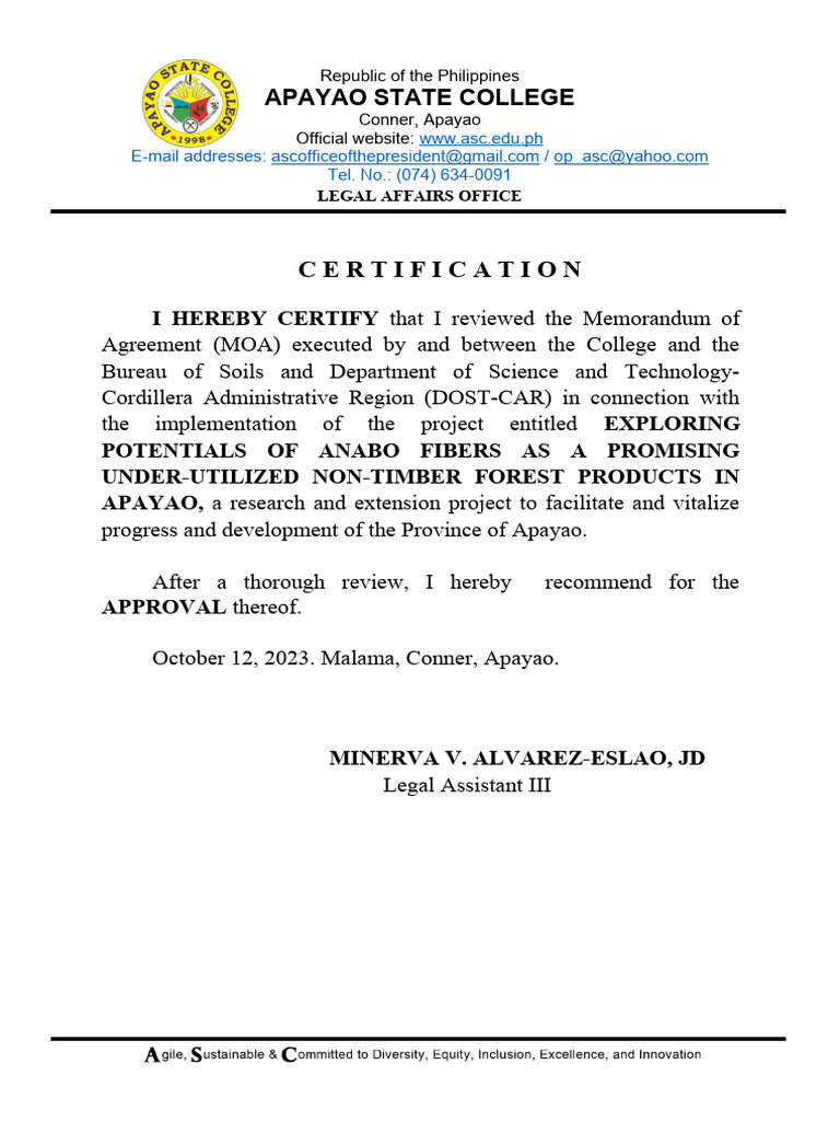 MOA Certification - ANABO FIBERS PROJECT | PDF