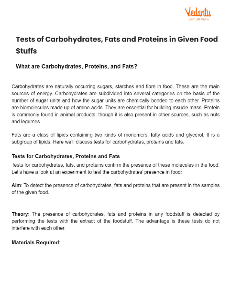 Tests of Carbohydrates, Fats and Proteins in Given Food Stuffs | PDF