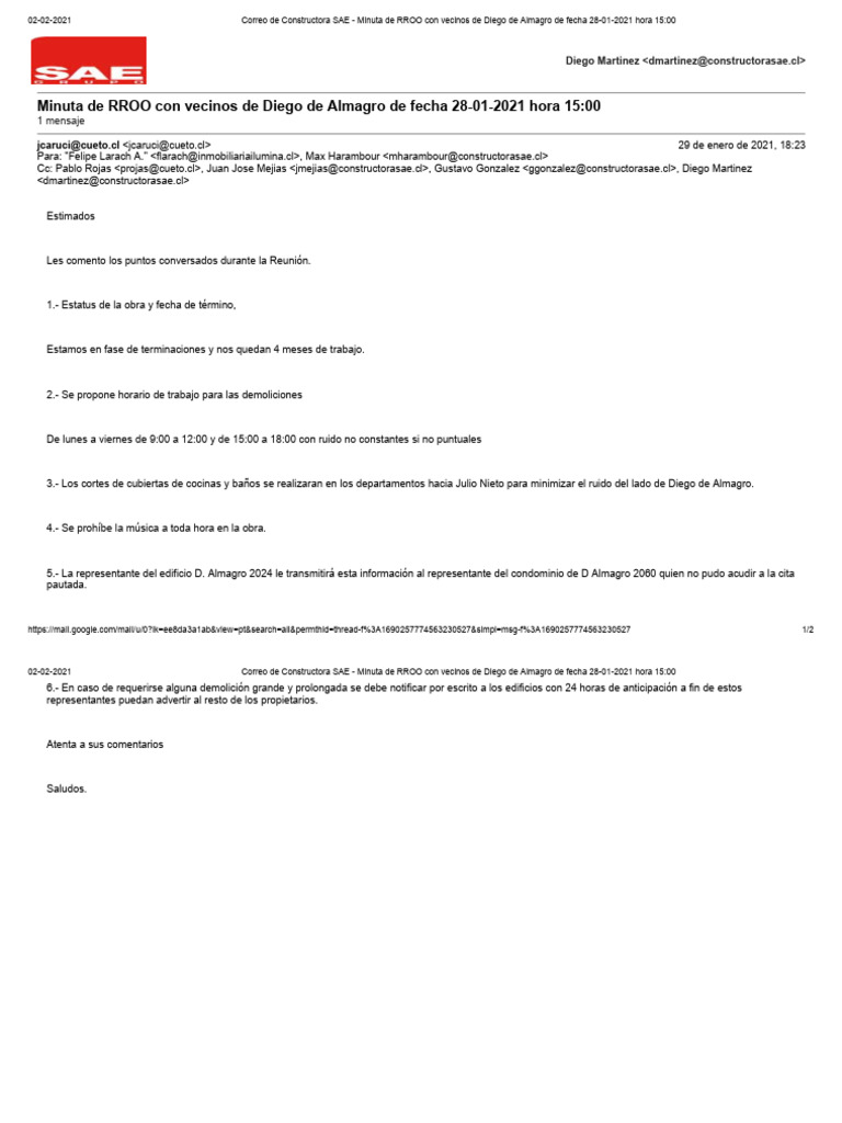 Correo de Constructora SAE - Minuta de RROO Con Vecinos de Diego de ...