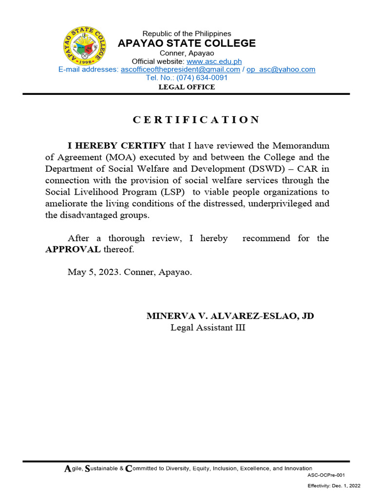 MOA Certification - DSWD CAR 2 | PDF