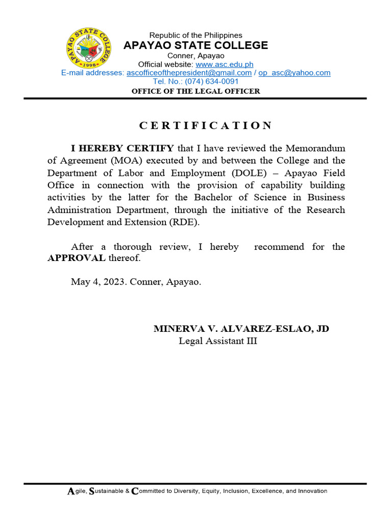 MOA Certification - Dole Apayao | PDF