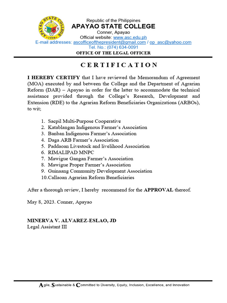 MOA Certification - DAR- Apayao | PDF