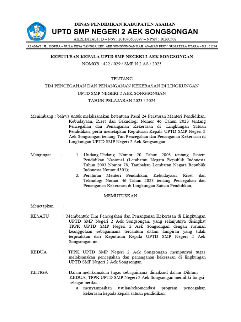 SK Tim Pencegahan Dan Penanganan Kekerasan | PDF