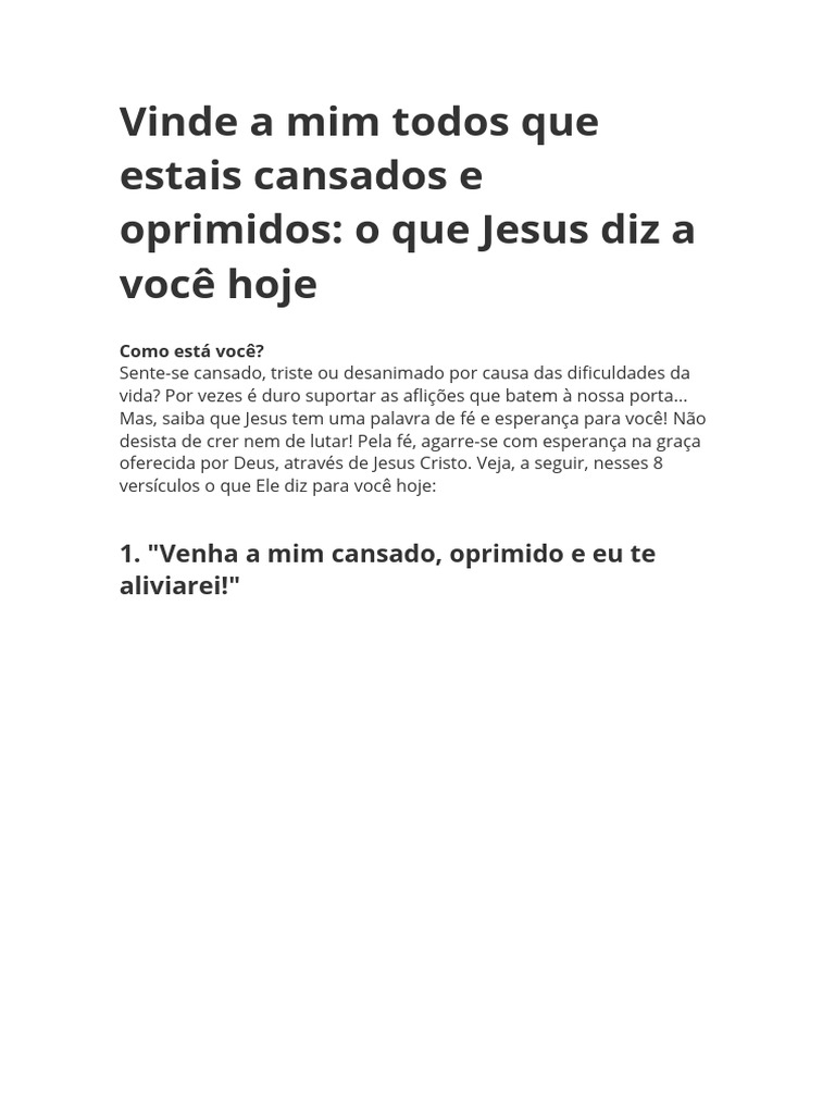 Vinde A Mim Todos Que Estais Cansados e Oprimidos | PDF | Jesus | Fé