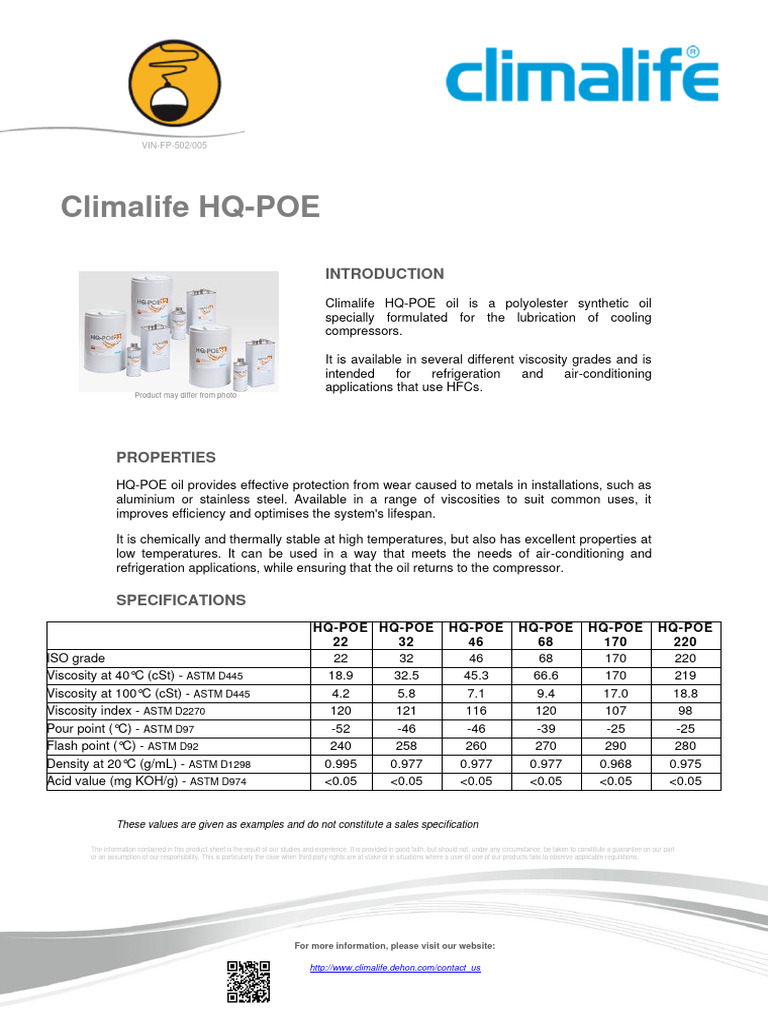 Climalife HQ POE 22-32-46-68-170-220 FP-EN | PDF | Viscosity | Applied And Interdisciplinary Physics