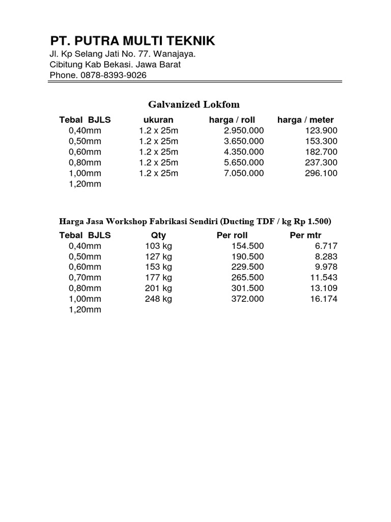 Price List Harga Bjls Pdf