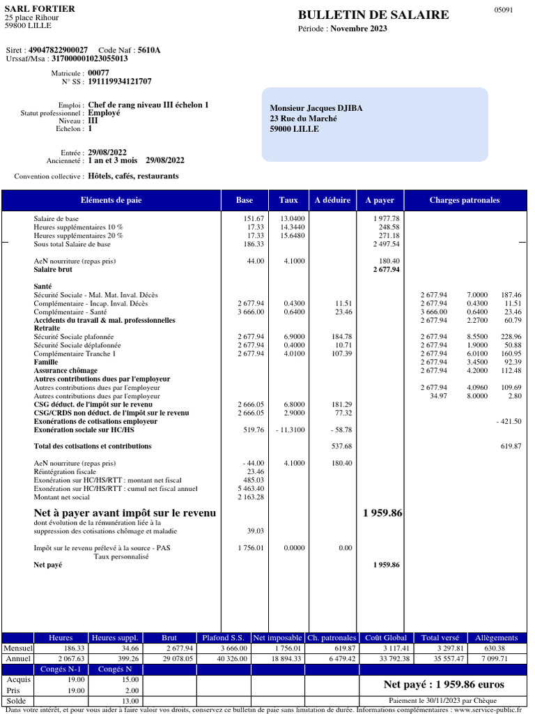 Fiche de Paye | PDF | Impôt sur le revenu | Salaires