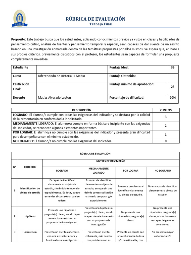 Rúbrica de Evaluación para Trabajo Final | PDF | Rúbrica (Académica ...