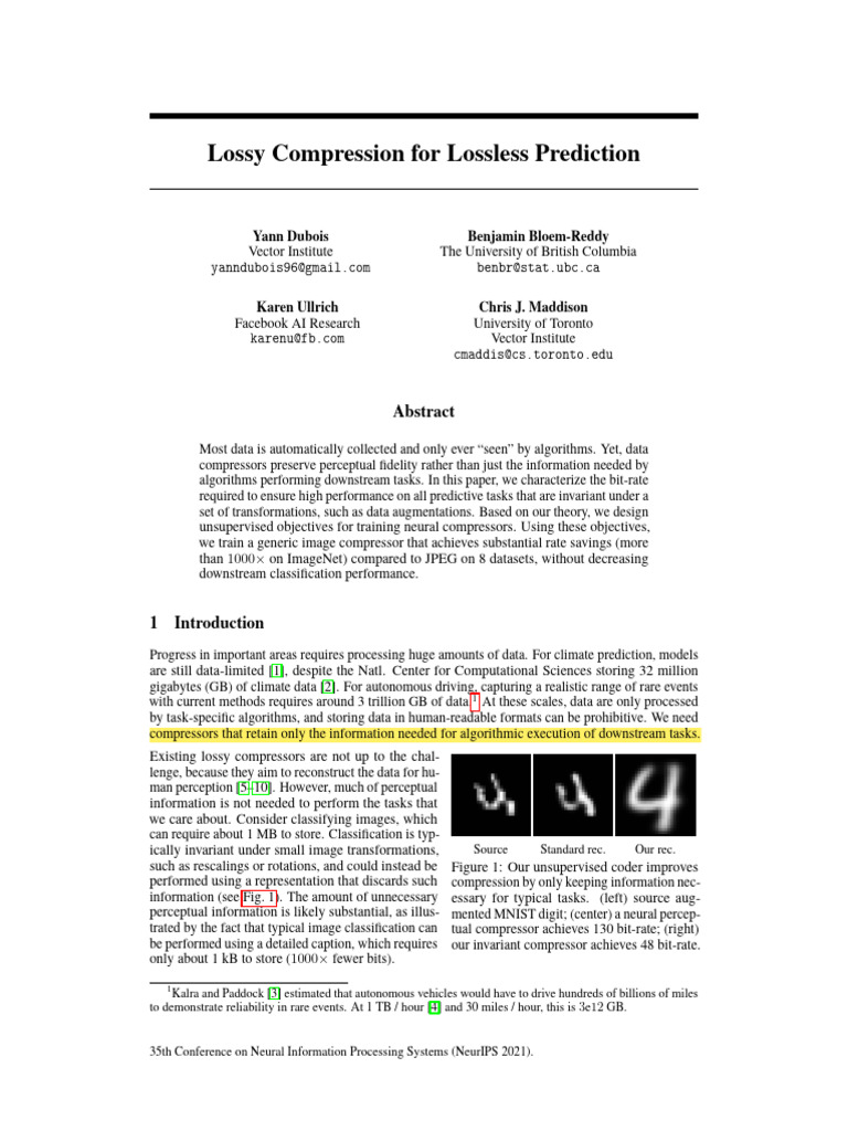 NeurIPS 2021 Lossy Compression For Lossless Prediction Paper | PDF ...