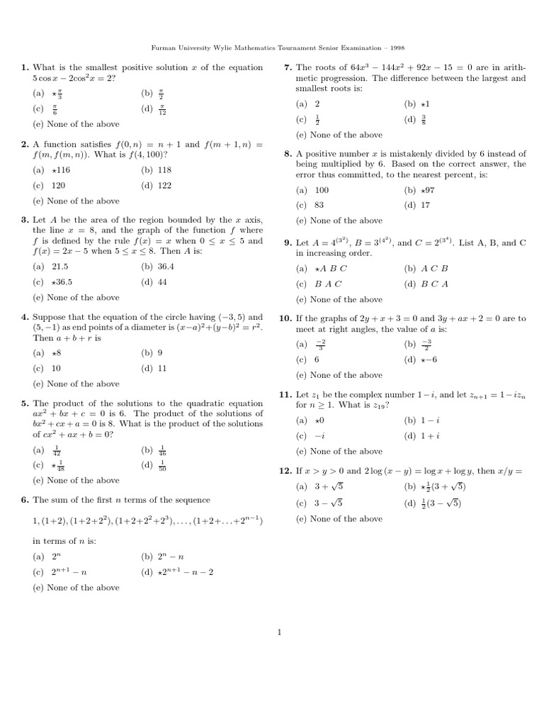 Furman Math Tournament, Senior Exam 1998 | PDF | Mathematics ...