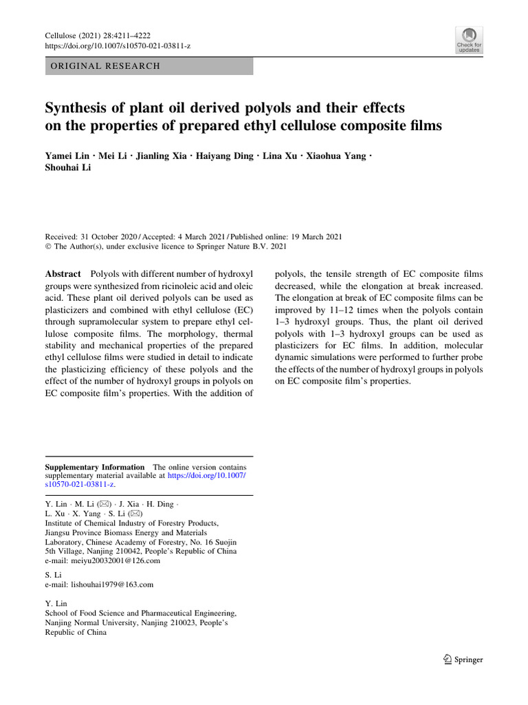 Synthesis of Plant Oil Derived Polyols and Their Effects | Download ...