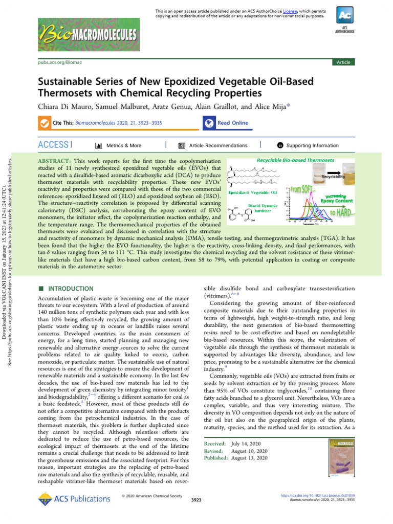 Sustainable Series of New Epoxidized Vegetable Oil-Based | PDF | Epoxy ...