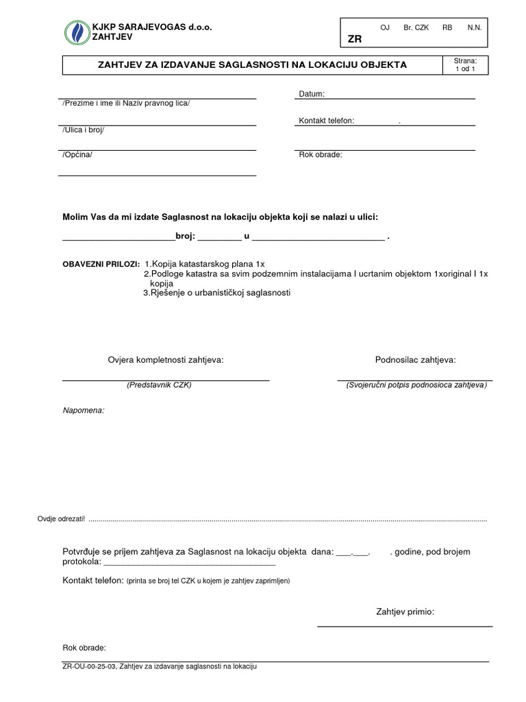 ZR OU 00 25 03 Zahtjev Za Izdavanje Saglasnosti Na Lokaciju | PDF