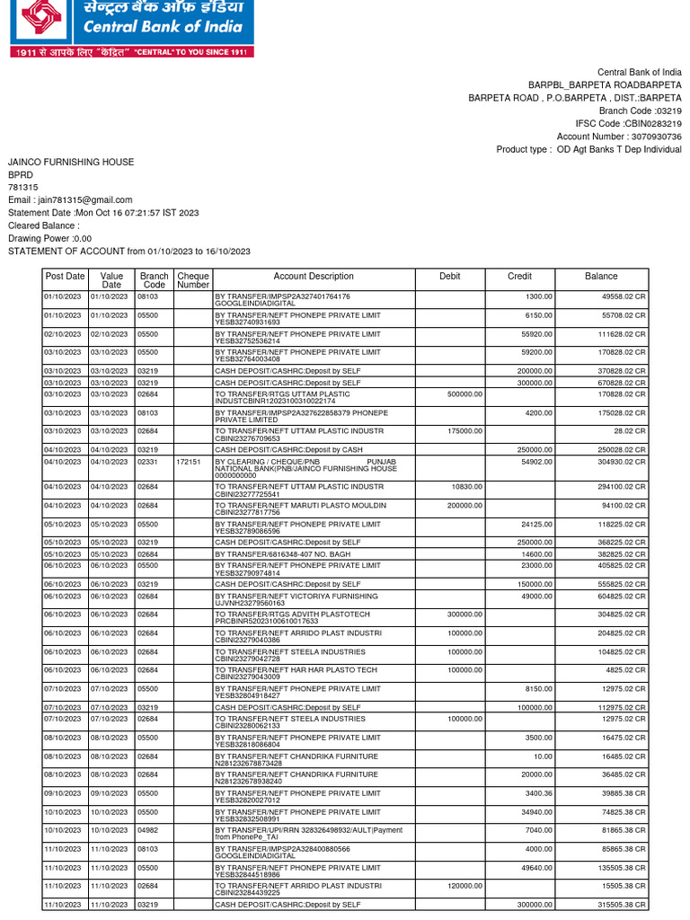 Account Statement for JAINCO FURNISHING | PDF | Deposit Account | Cheque