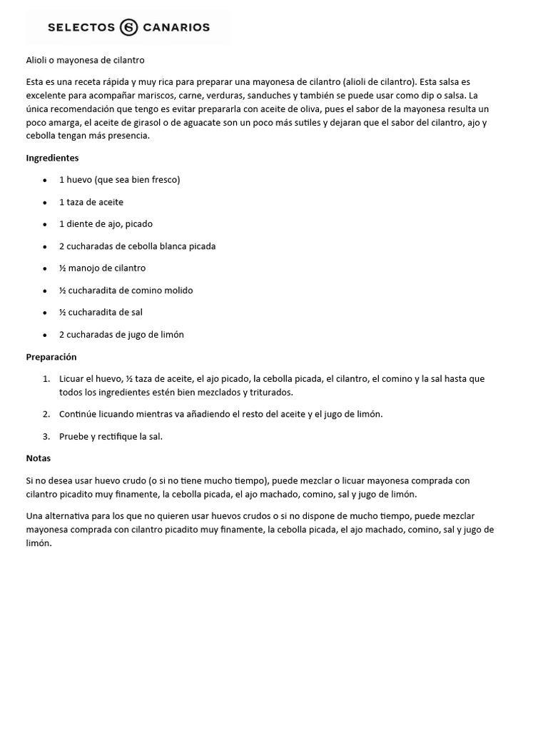 Alioli o Mayonesa de Cilantro | PDF