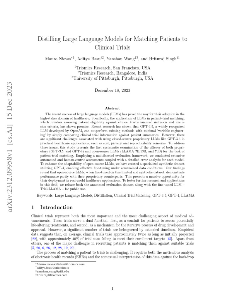 Distilling Large Language Models For Matching Patients To Clinical Trials | PDF | Accuracy And ...