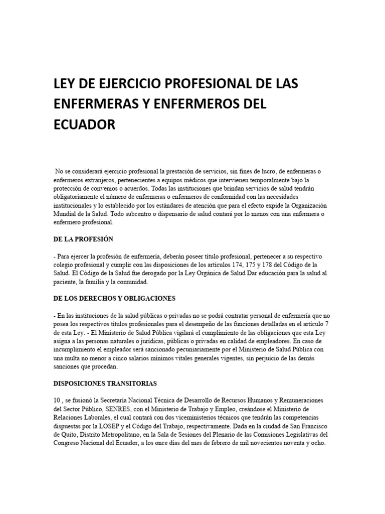 Ley de Ejercicio Profesional de Las Enfermeras y Enfermeros Del Ecuador | PDF