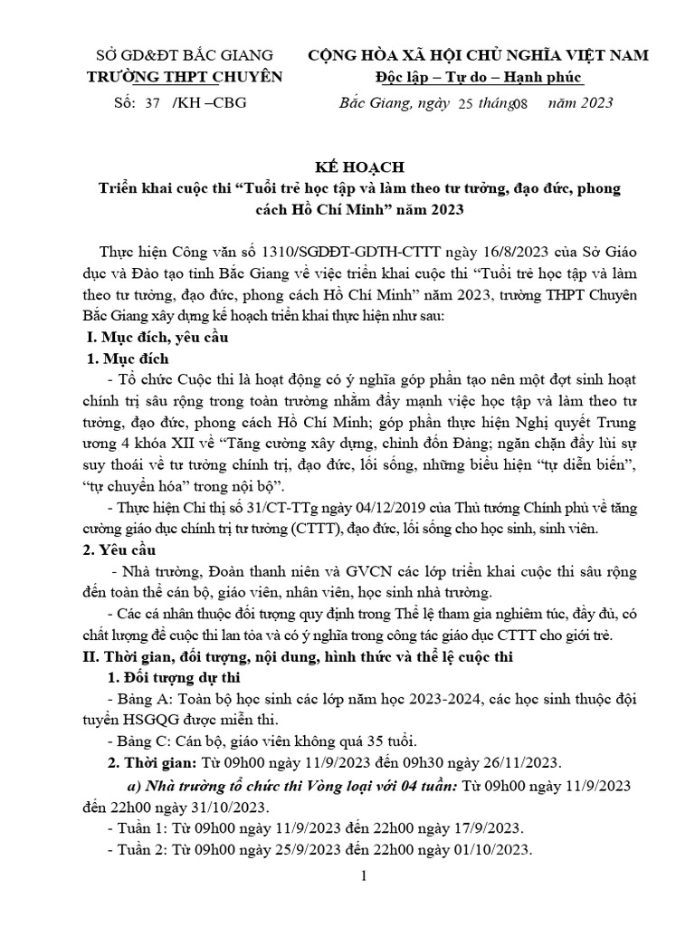 37 CBG KH cuộc thi Tuổi trẻ học tập và làm theo tư tưởng đạo đức phong ...