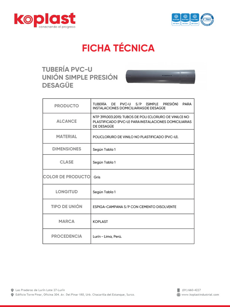 Ficha Técnica Tuberia Pvc-U Simple Presión Desague - NTP 399.003 | PDF