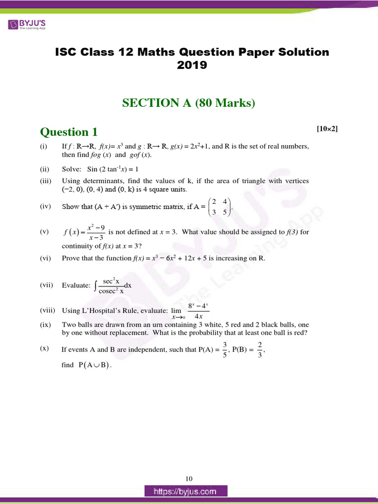 ISC Class 12 Maths Question Paper Solution 2019 | PDF | Euclidean Vector | Function (Mathematics)