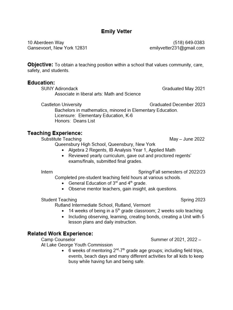 Emily Vetter: RD TH | PDF | Mathematics | Teachers