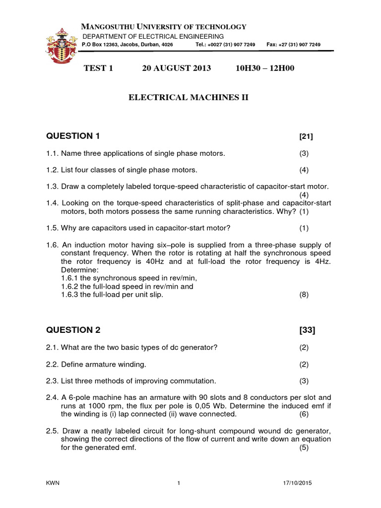 Test 1 2013 EM2 and EM3 AUGUST | PDF | Electric Motor | Transformer