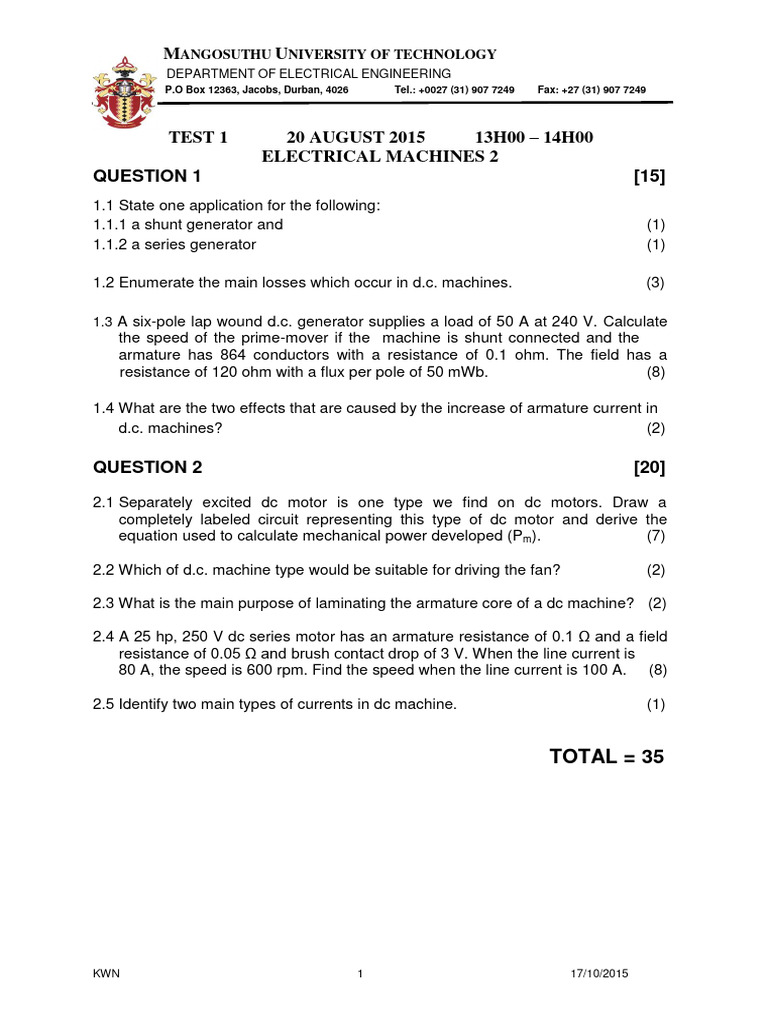 Test 1 2015 EM2 & EM3 AUGUST | PDF | Transformer | Electric Motor