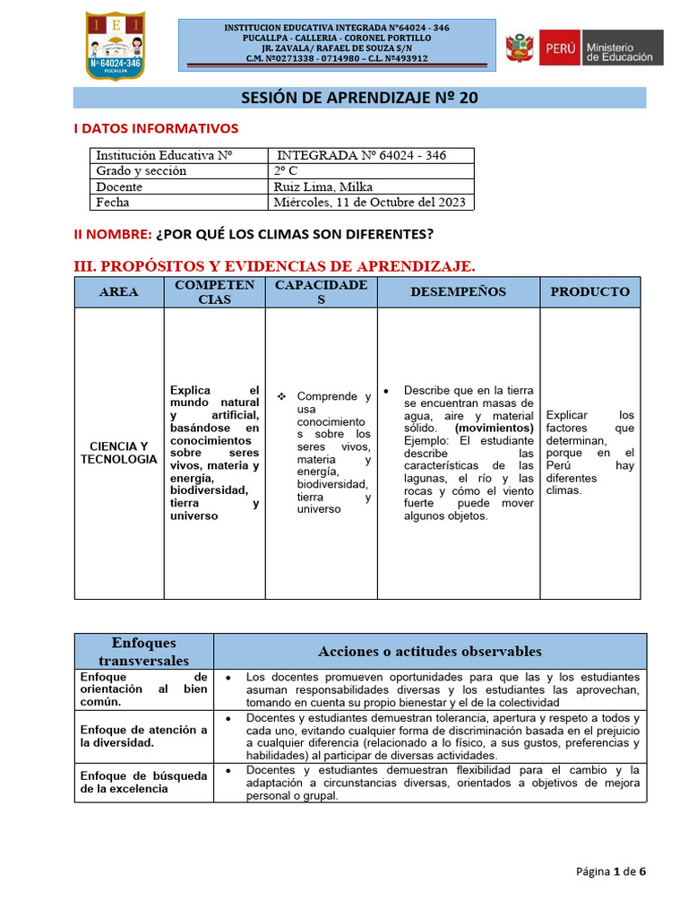 Sesión de Aprendizaje Nuevo Esquema #20 | PDF | Naturaleza | Modificación de comportamiento