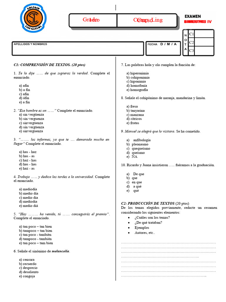 EXAMEN BIMESTRAL 1RO C.L | PDF