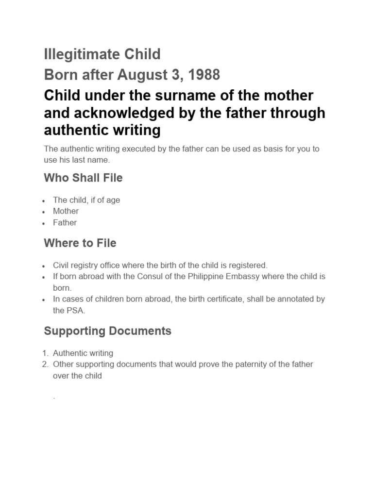 Illegitimate Child Born After Aug. 3, 1988 Authentic Writing | PDF | Law